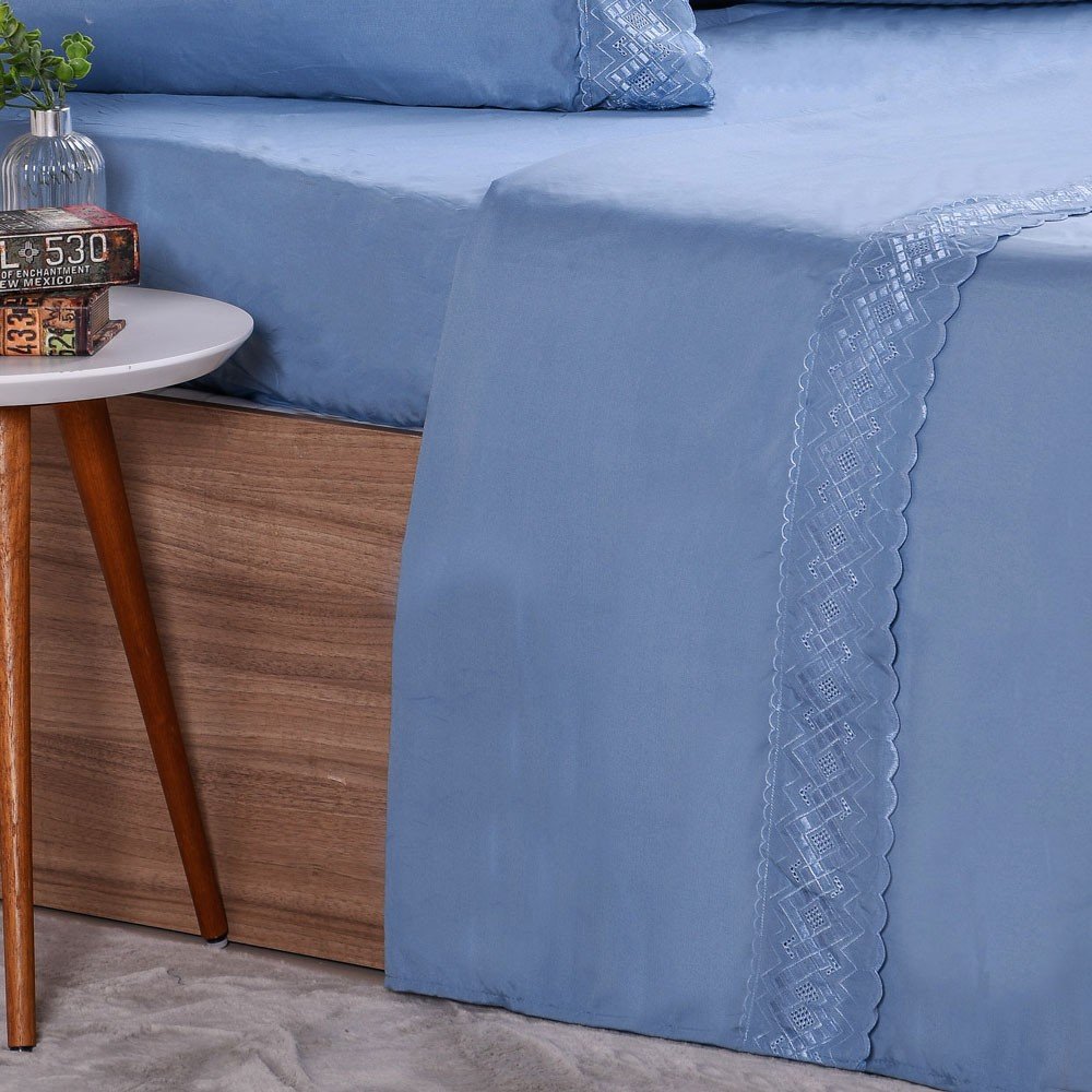 Jogo de Cama king Microfibra 300 Fios Bordado Inglês Lazuli